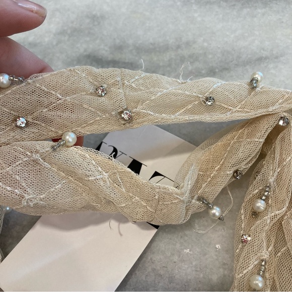Zara | Bags | Zara Cream Sheer Mesh Tulle Pearl Rhinestone Beaded Hobo ...